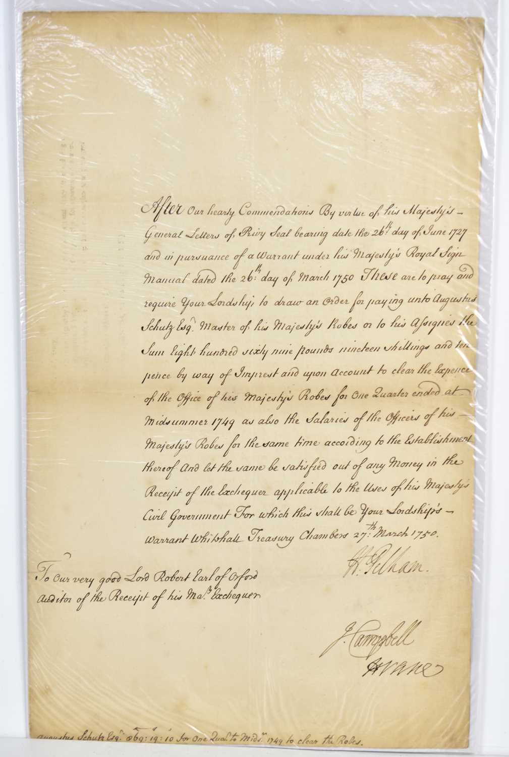 Lot 276 - A Treasury Warrant signed by Henry Pelham