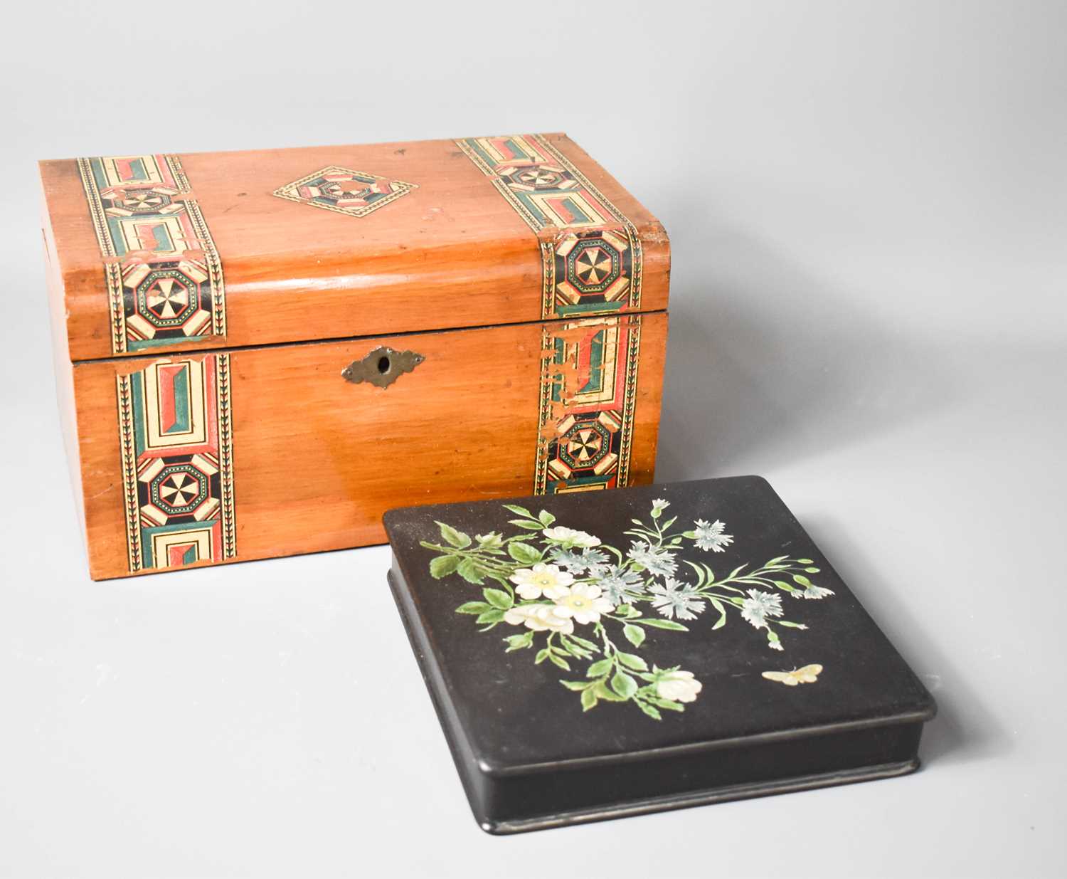 Lot 577 - A Victorian wooden box with faux parquetry